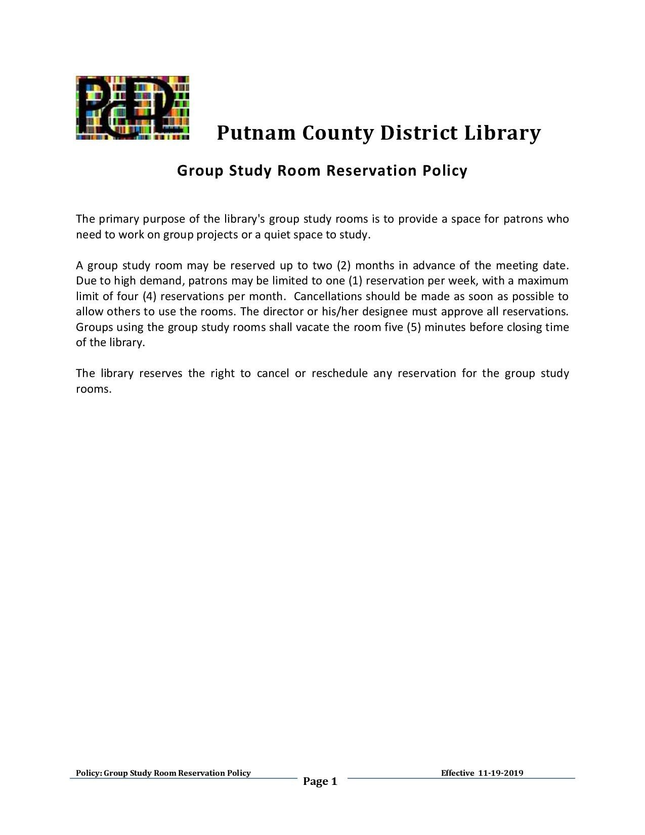 Group Study Room Policy | Putnam County District Library